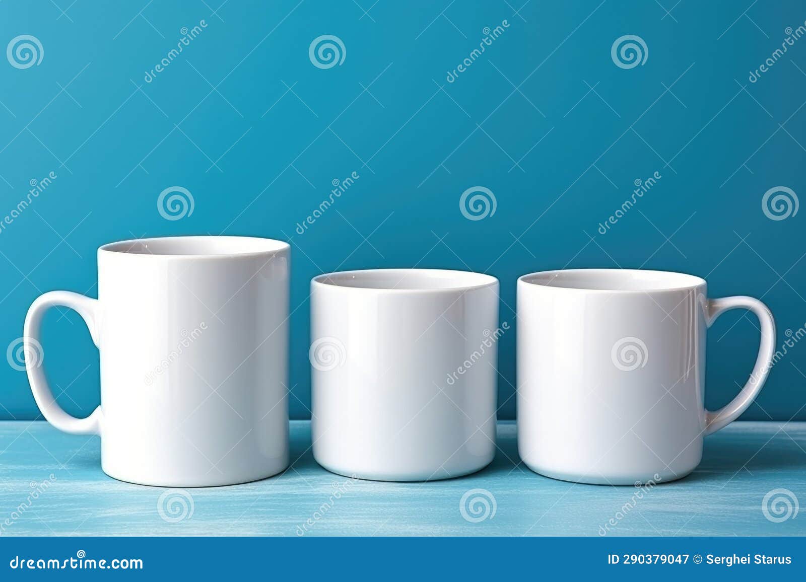 Three White Mugs on a Blue Background, AI Stock Illustration ...