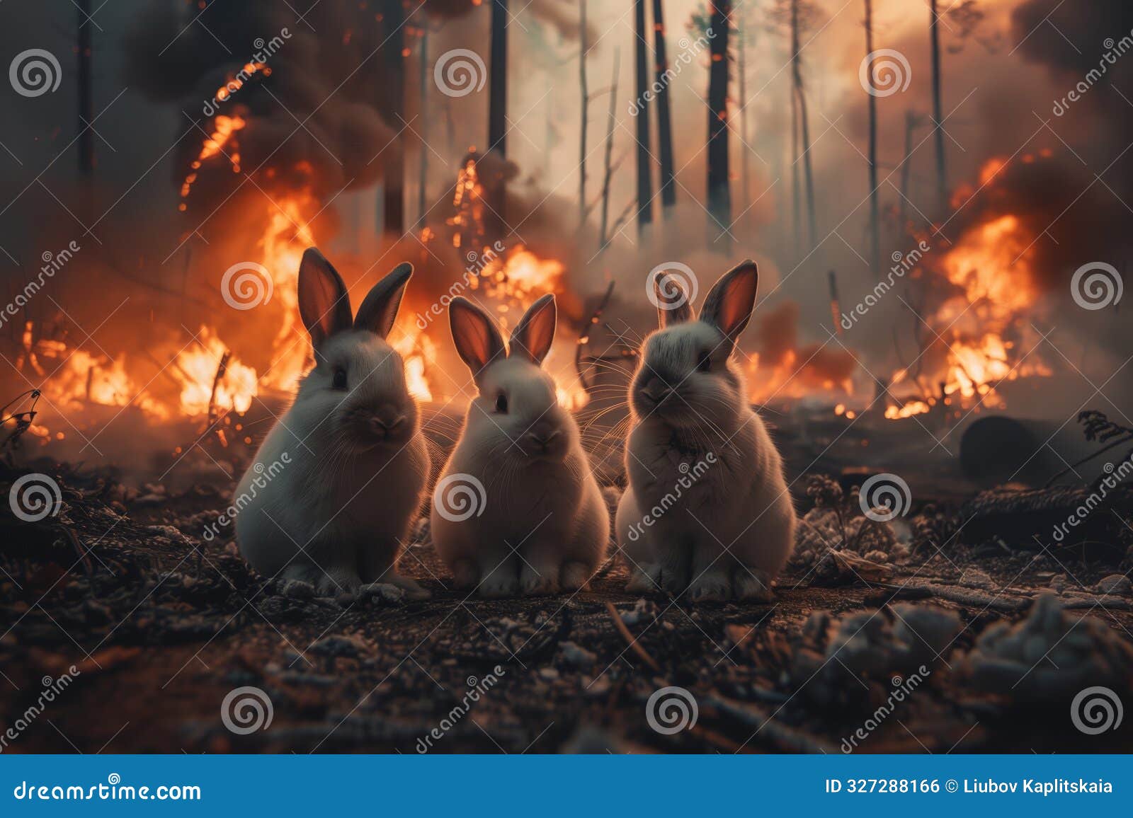 Three White Rabbits are Sitting in a Forest Fire Stock Photo - Image of ...