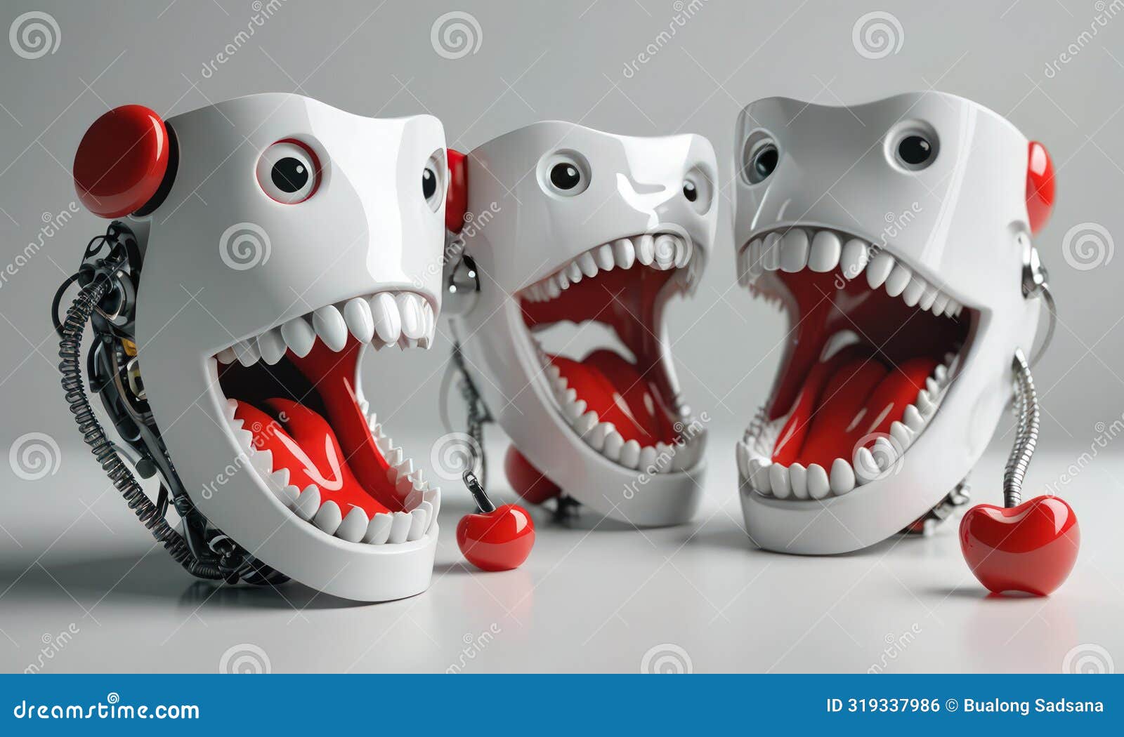 Three White Robot Masks with Red Teeth and Open Mouths, Each with a Red ...
