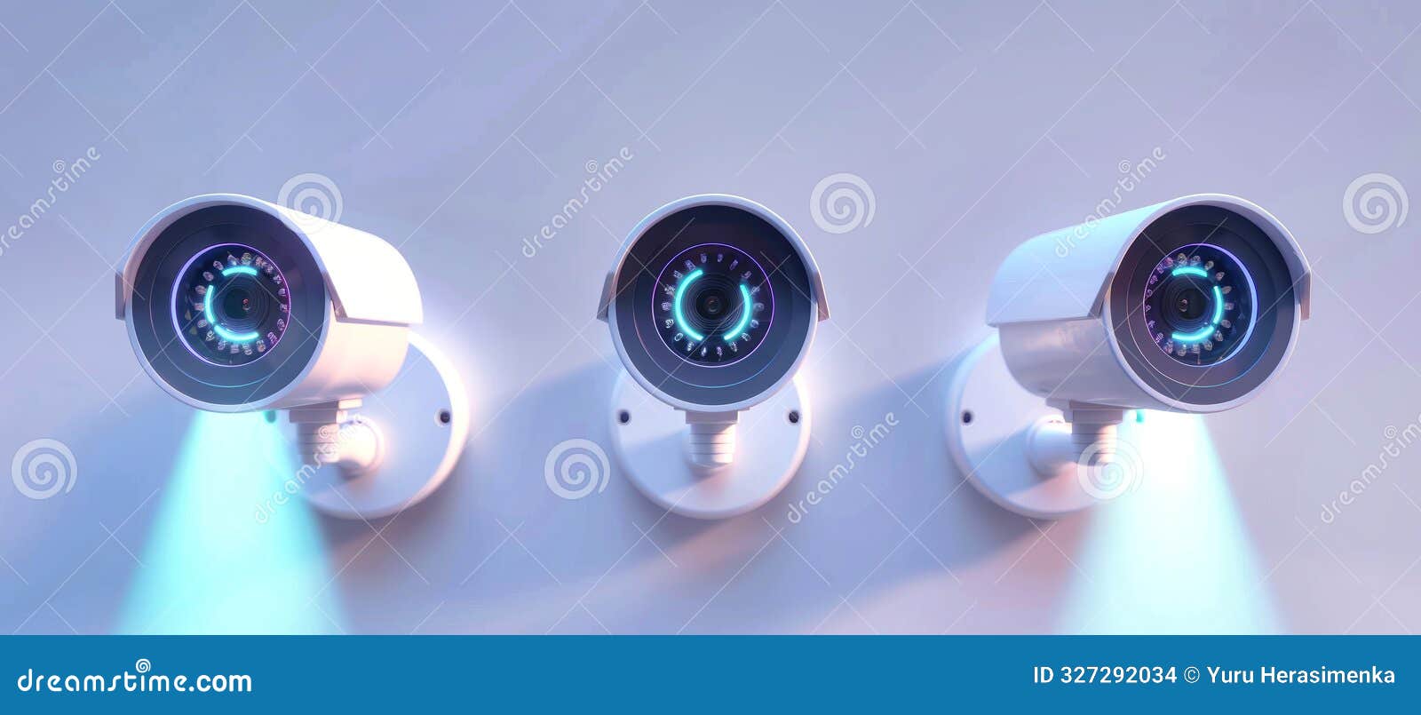 Three White Security Cameras with Glowing Holographic Projections are ...