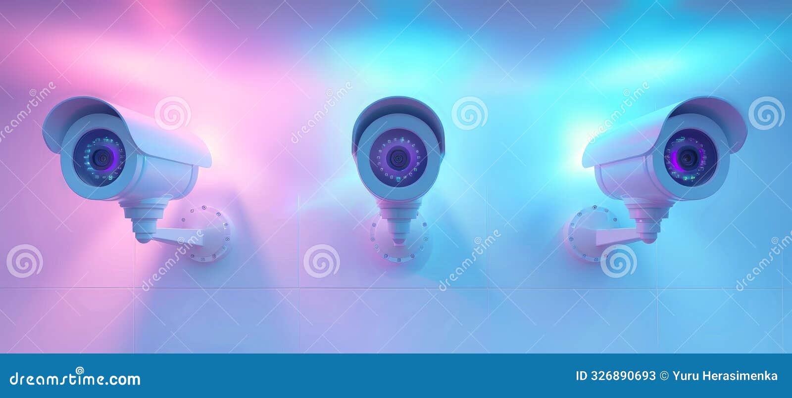 Three White Security Cameras are Mounted on a White Wall, Illuminated ...