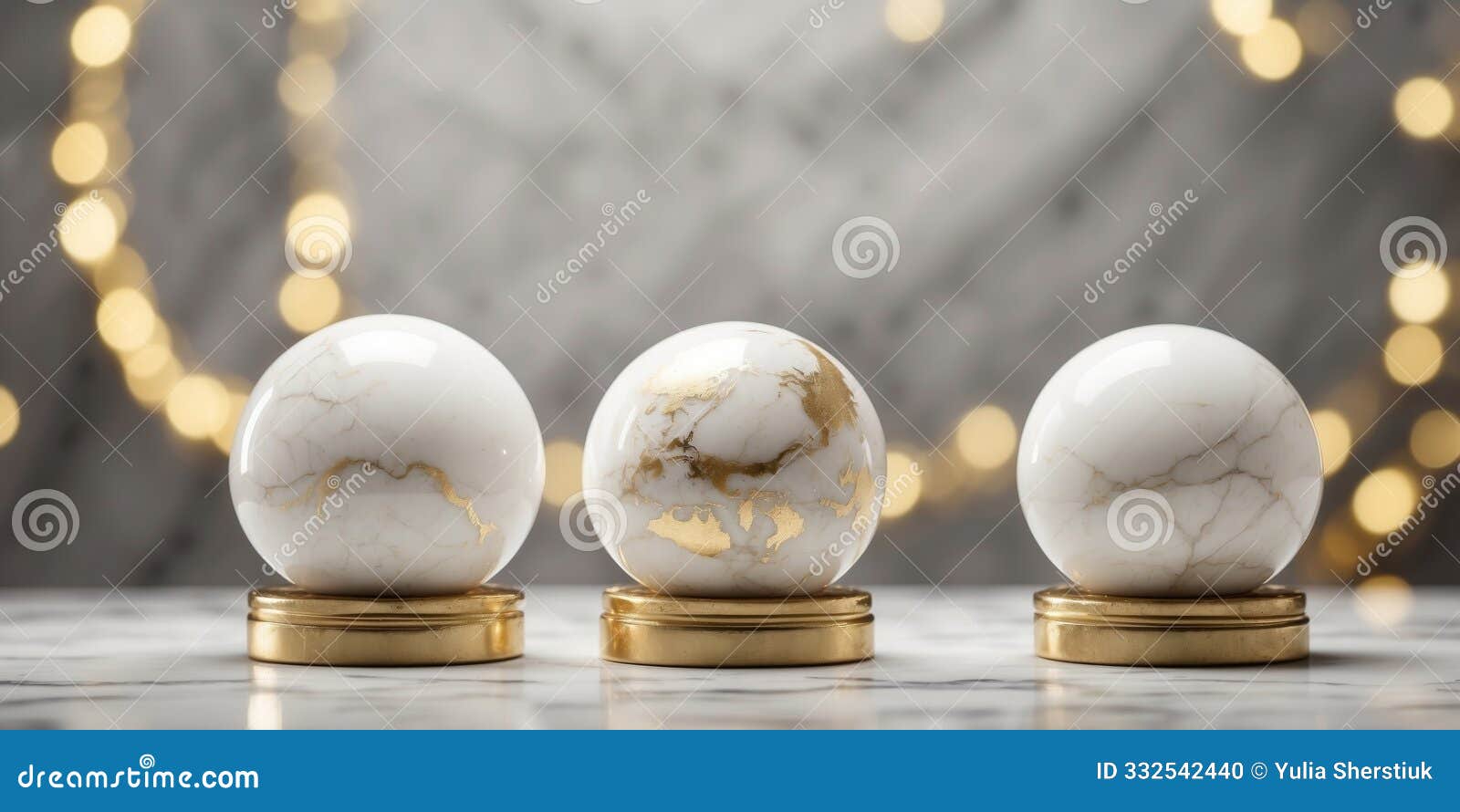 Three White Spheres on Marble Bases with Golden Crescent Accents. Stock ...