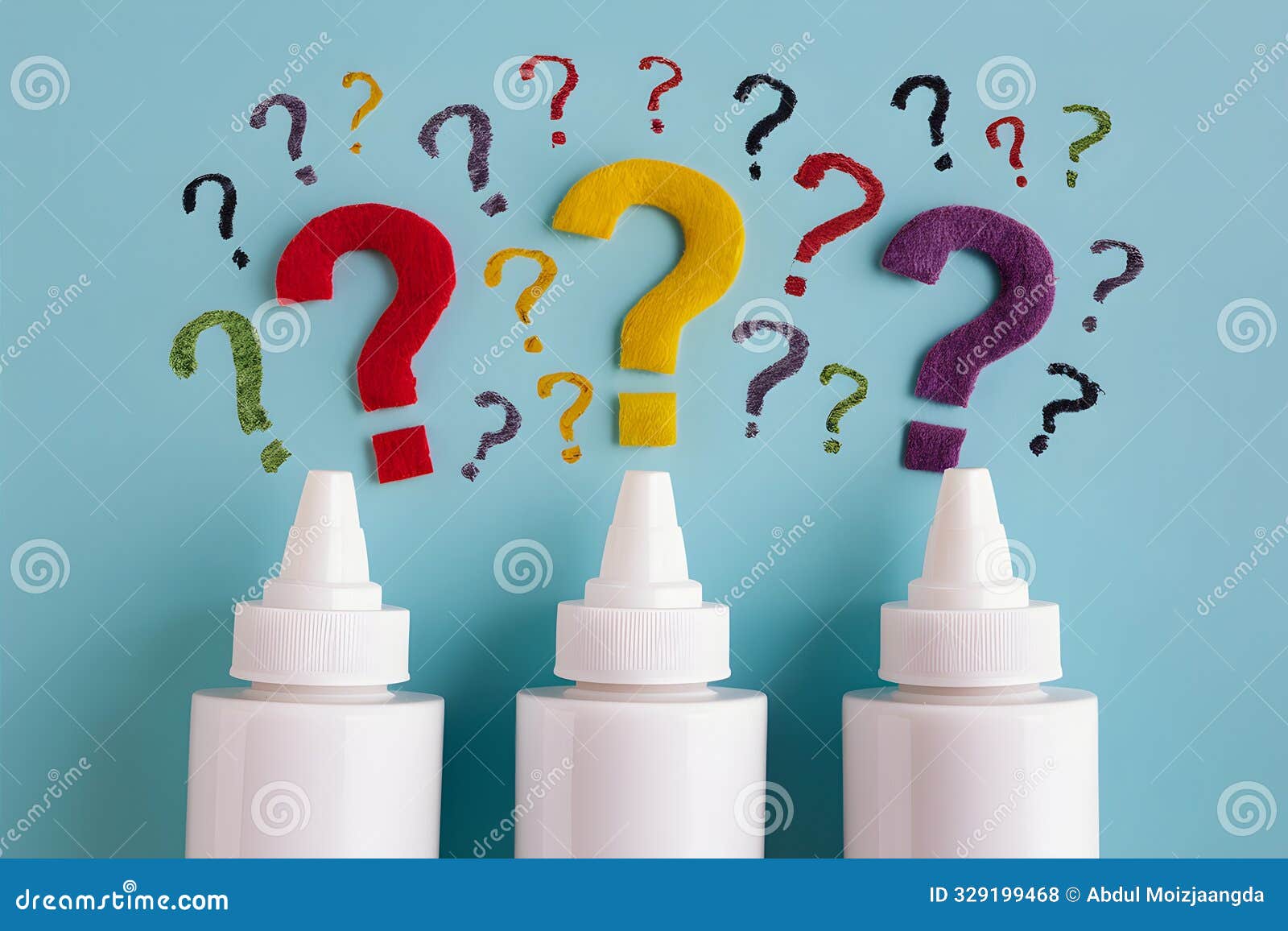 Three White Bottles, Colorful Question Marks Emerging, Light Blue ...