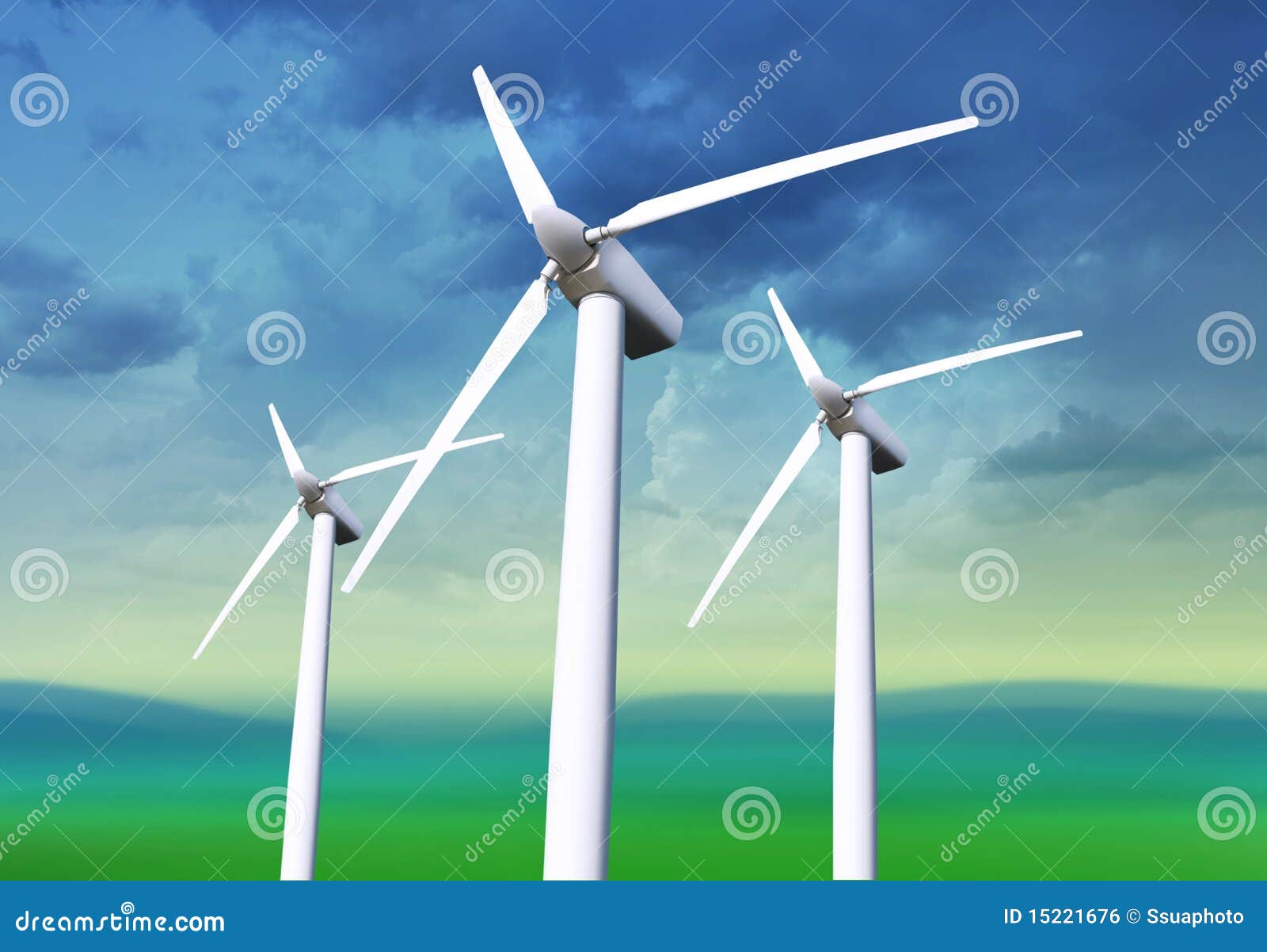 Three white wind turbines stock photo. Image of power - 15221676