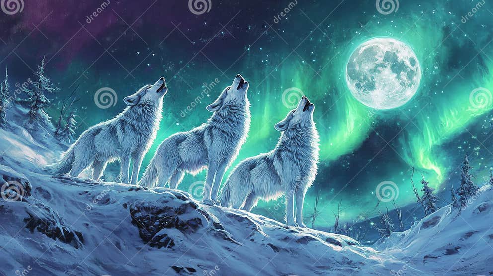 Three White Wolves Howling at the Full Moon Under the Aurora Borealis ...