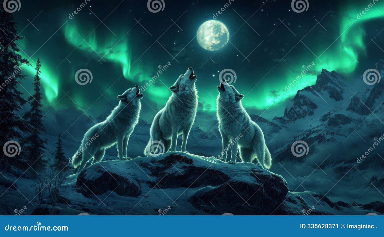 Three White Wolves Howling at the Moon and Aurora Borealis Stock ...