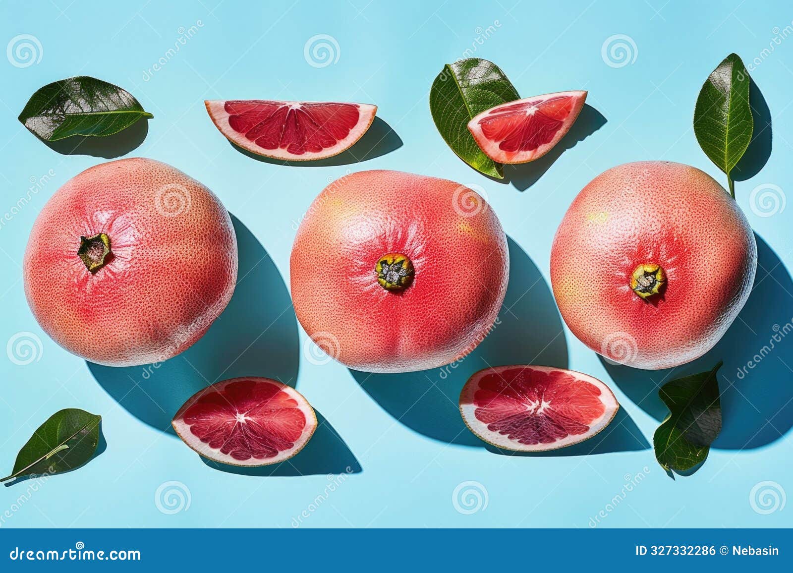 Three Whole Ruby Red Grapefruits, Cut in Half, and Leaves are Arranged ...