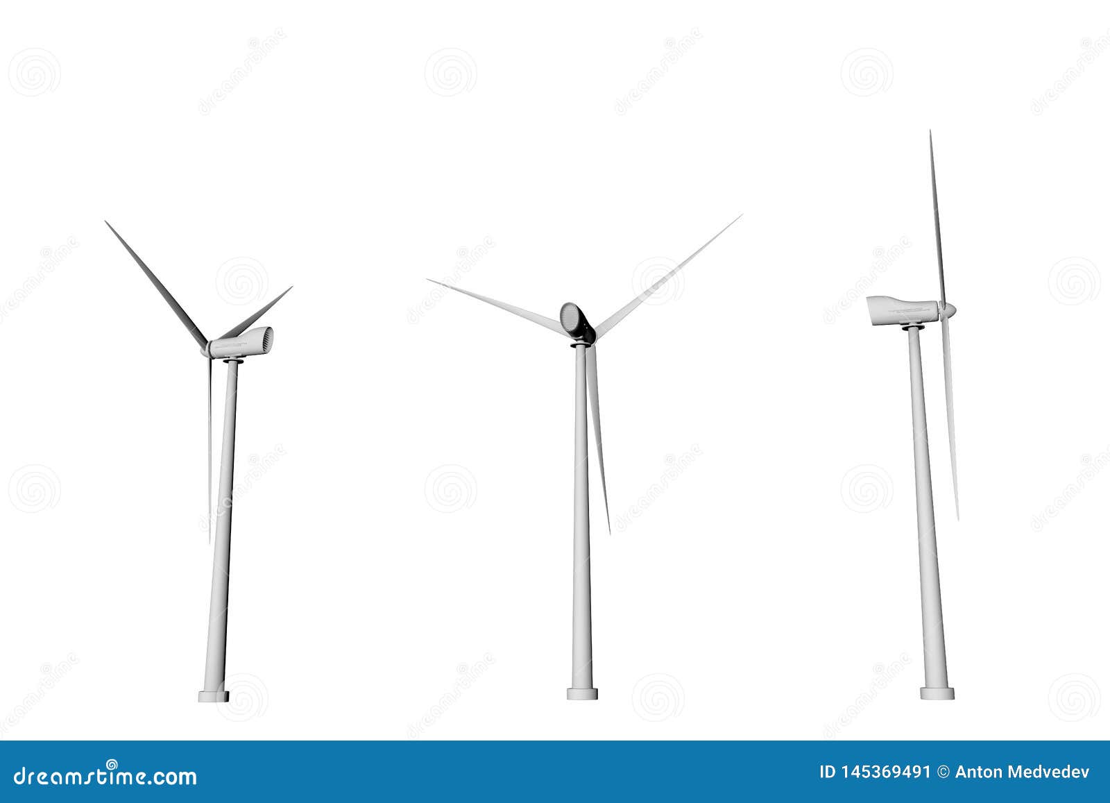 Three Windmills with Different Rotation Angles Bottom View Isolated on ...