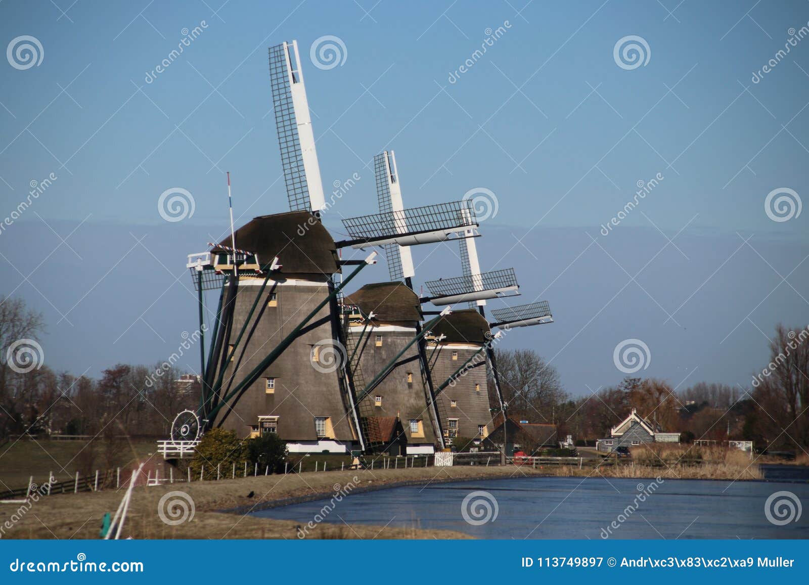 Three Windmills in a Row at a Pool To Keep the Driemanspolder Dr Stock ...