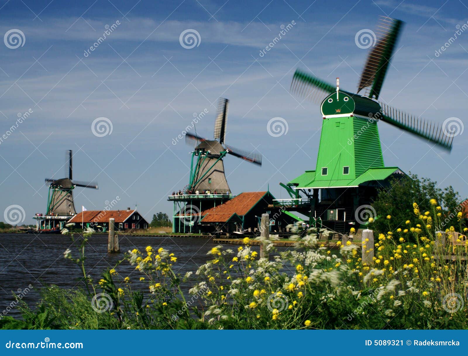 Three Windmills and Windy Weather Stock Image - Image of flower ...