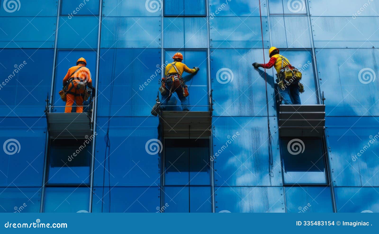 Three Window Washers Hanging from Scaffolding on a Modern Building ...