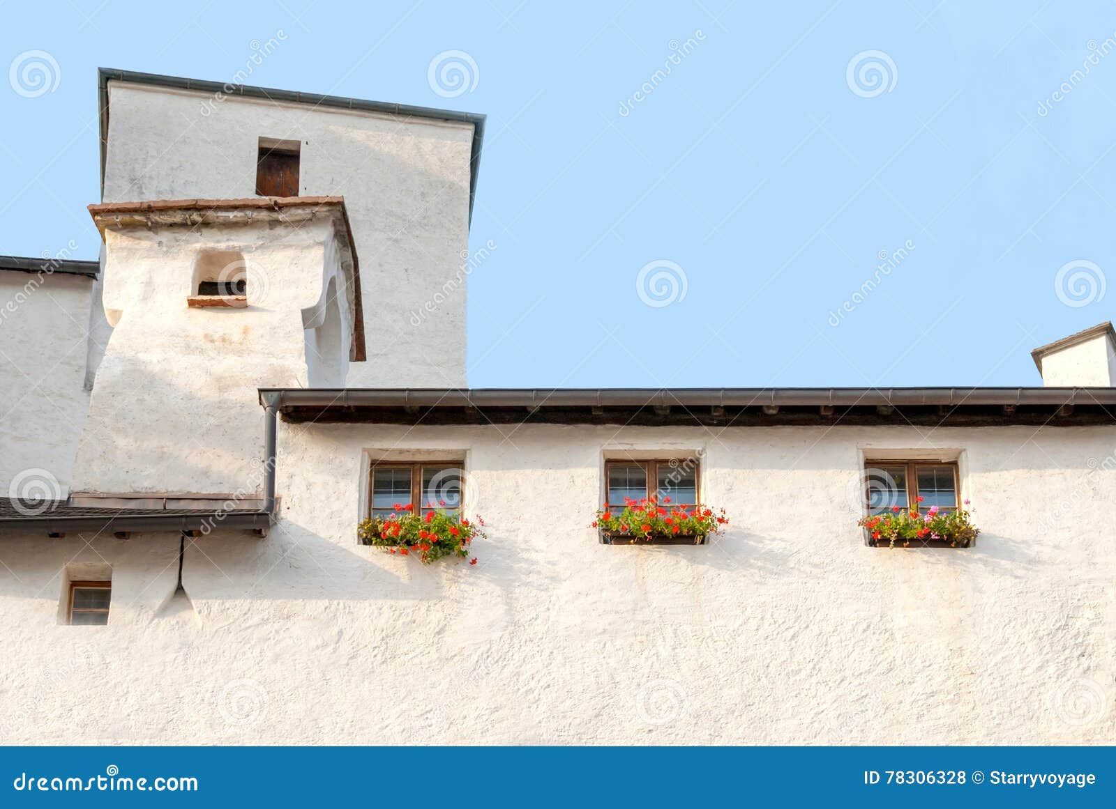 Three Windows Decorated with Trailing Geraniums Stock Photo - Image of ...