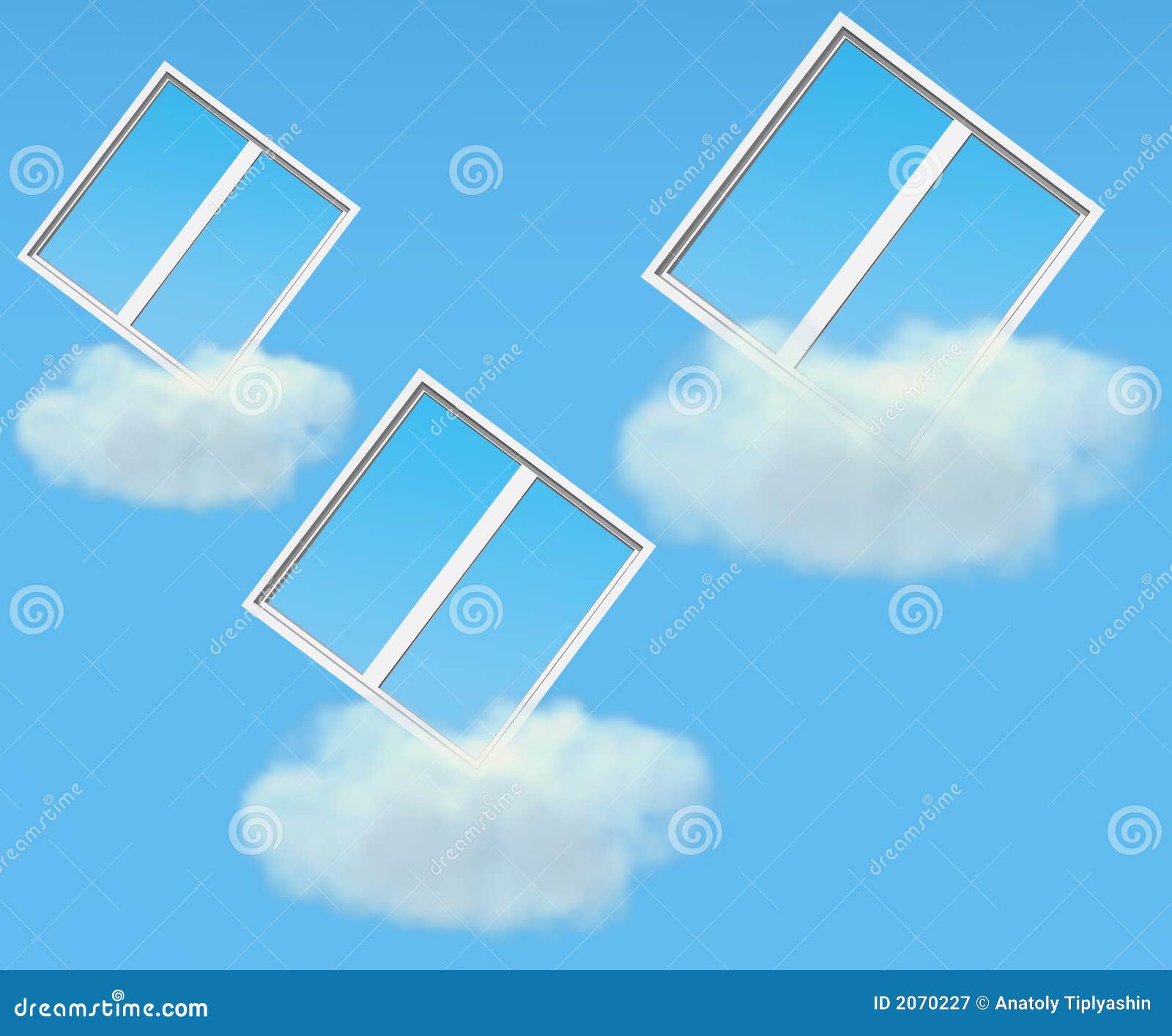 Three Windows Fly on Clouds Along Sky Stock Image - Image of glass ...