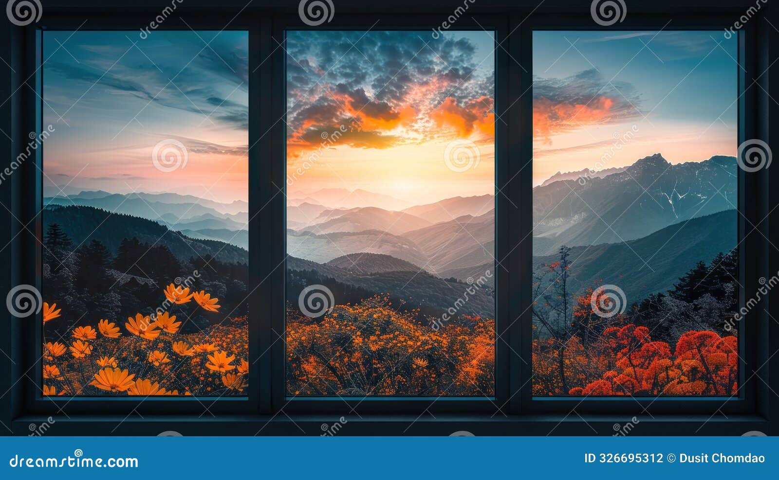 Three Windows with Mountains in the Background Stock Photo - Image of ...
