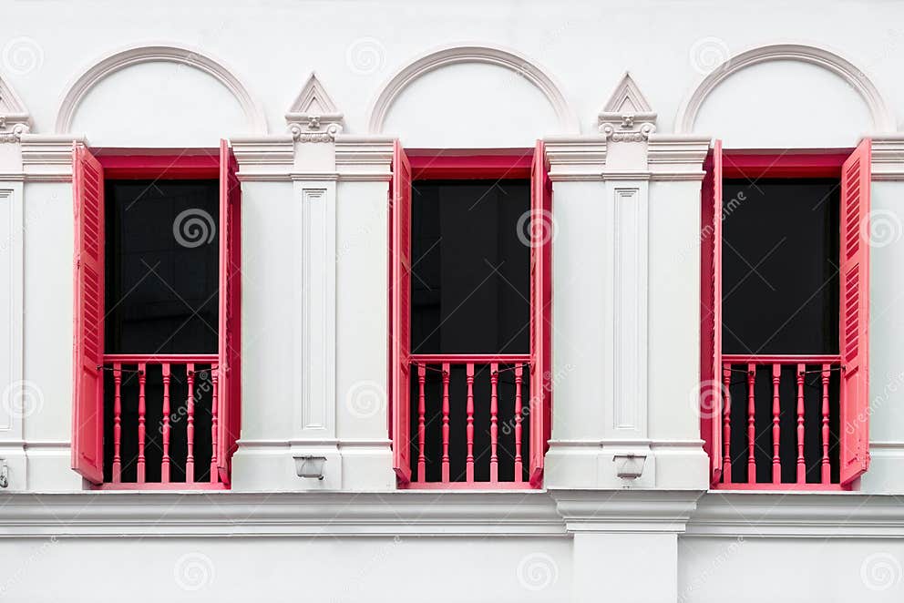 Three Windows with Red Open Shutters Stock Image - Image of exterior ...