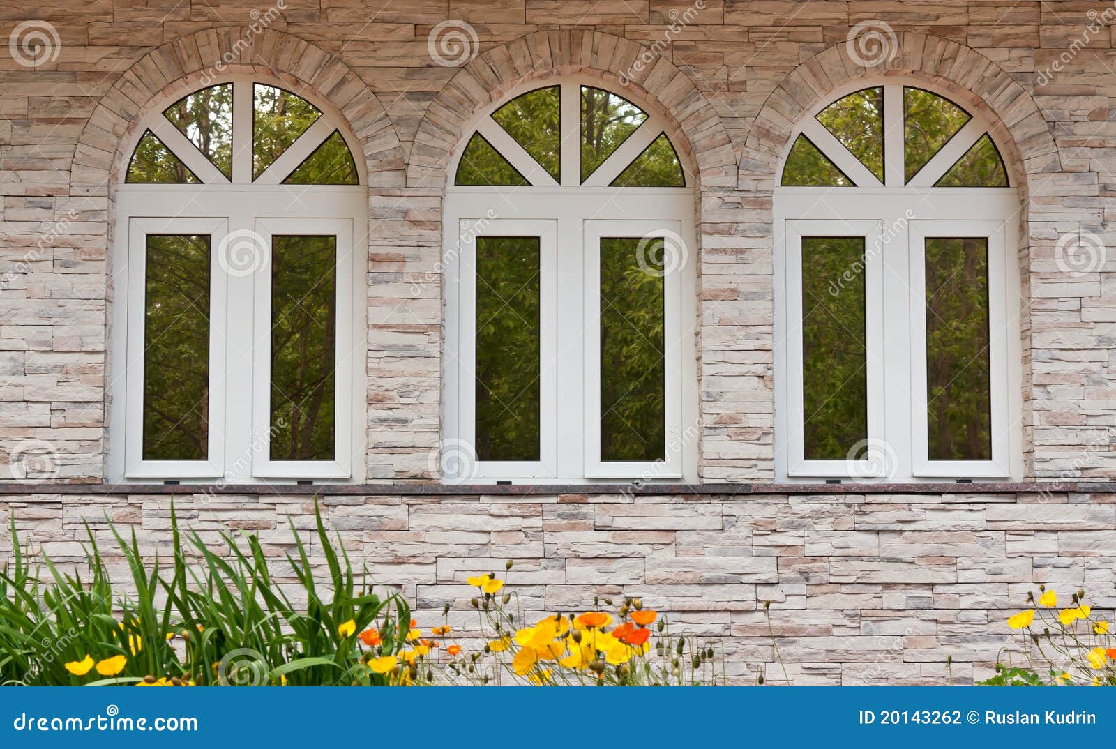 Three Windows in the Stone Wall Stock Photo - Image of brown, building ...