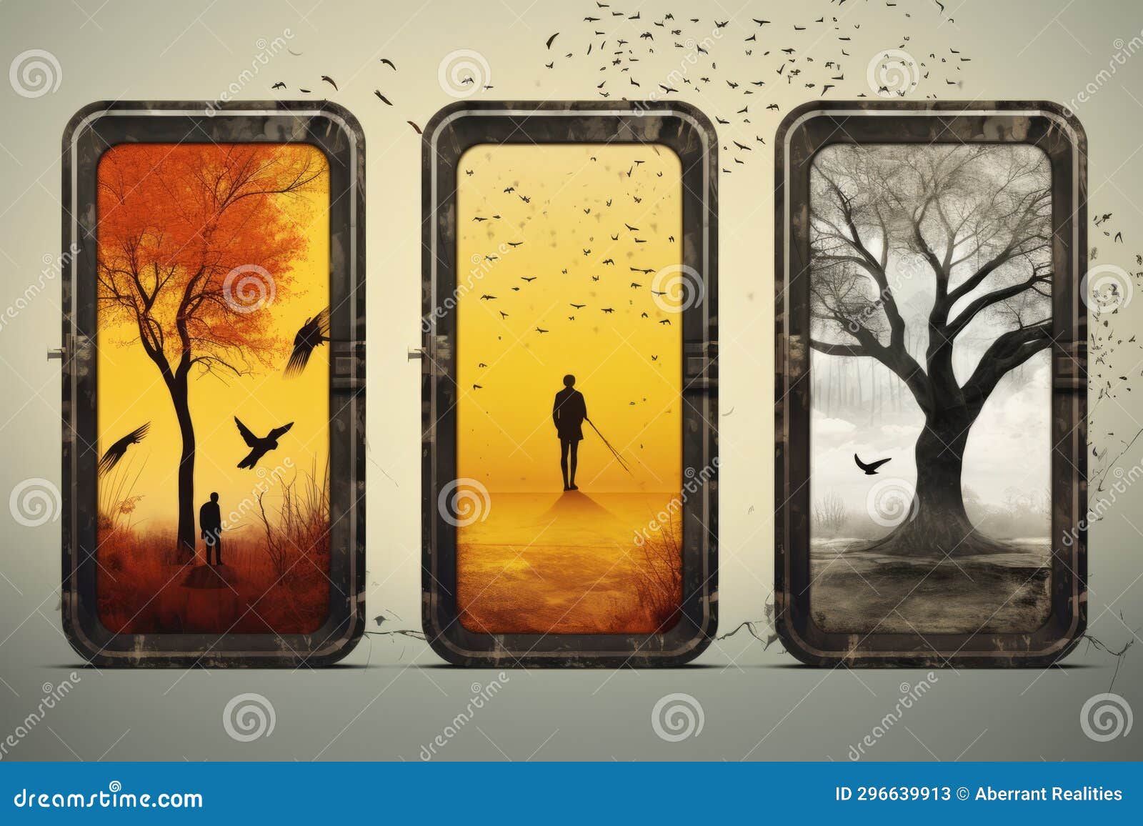 Three Windows with Trees and Birds in Them Stock Illustration ...