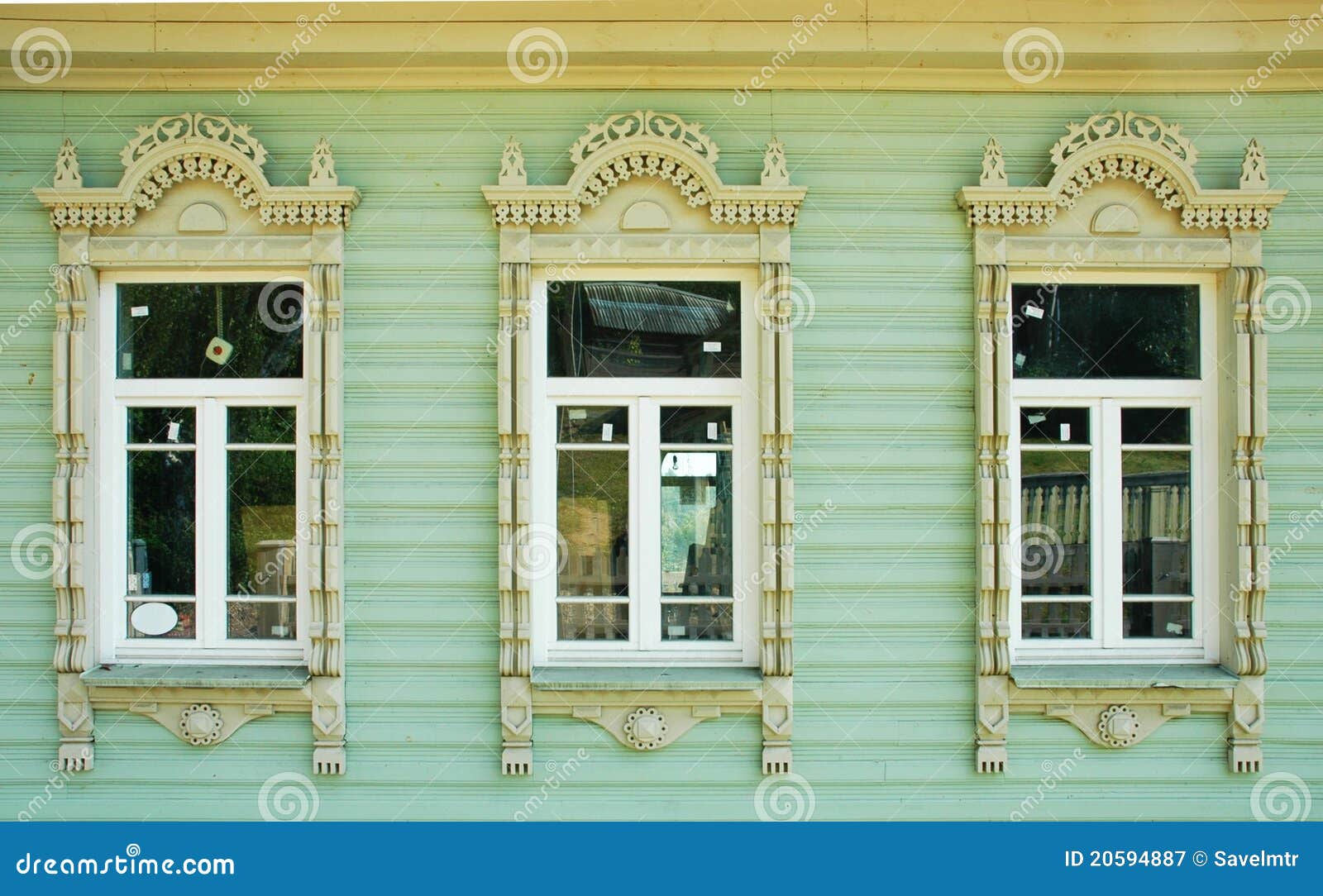 Three Windows with Wooden Platbands Stock Image - Image of architraves ...