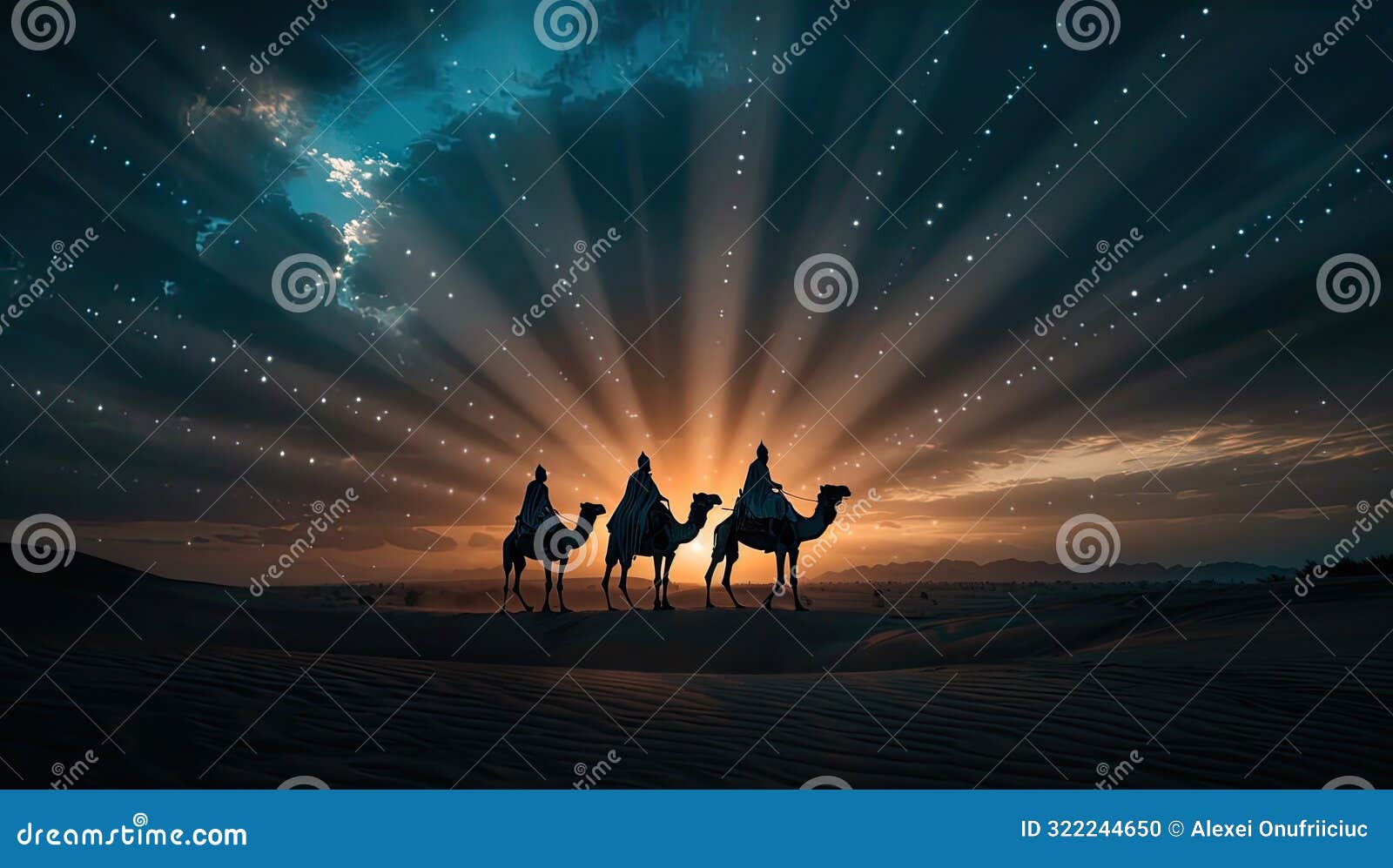 Three Wise Men Riding Camels in the Desert at Sunset, Enjoying the ... Three Wise Men Riding Camels in the Desert at Sunset, Enjoying the ...