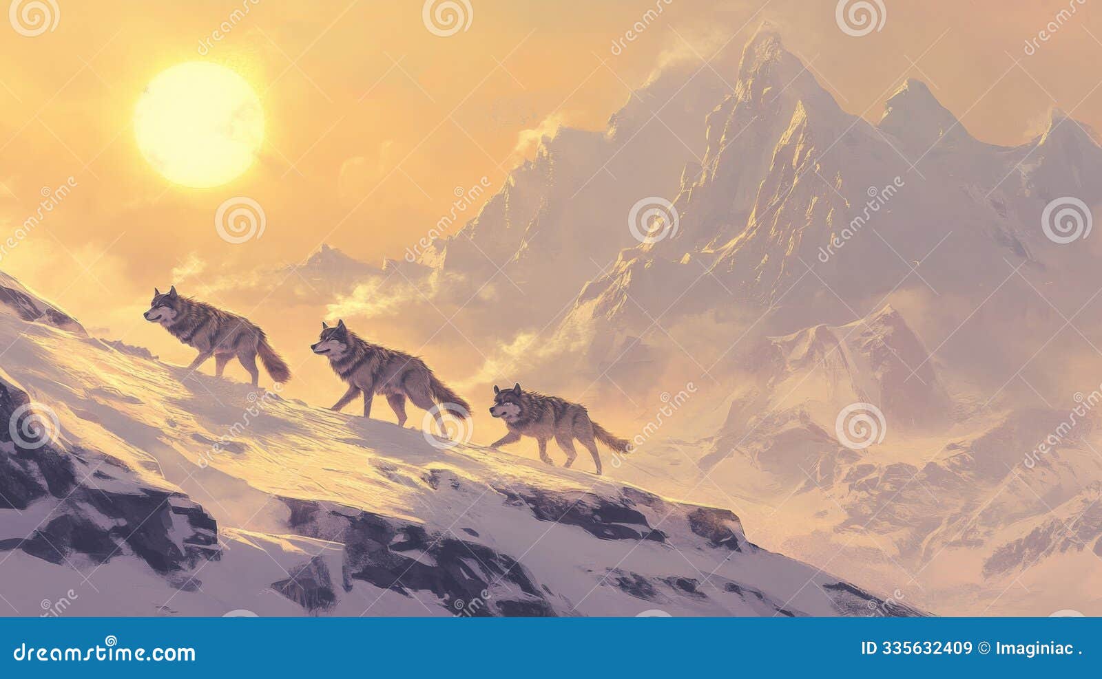 Three Wolves Ascend a Snowy Mountain at Sunset Stock Illustration ...