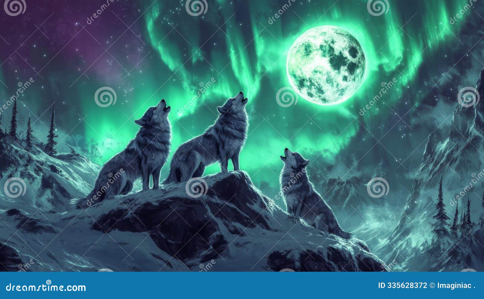 Three Wolves Howling at the Full Moon Under an Aurora Borealis Stock ...