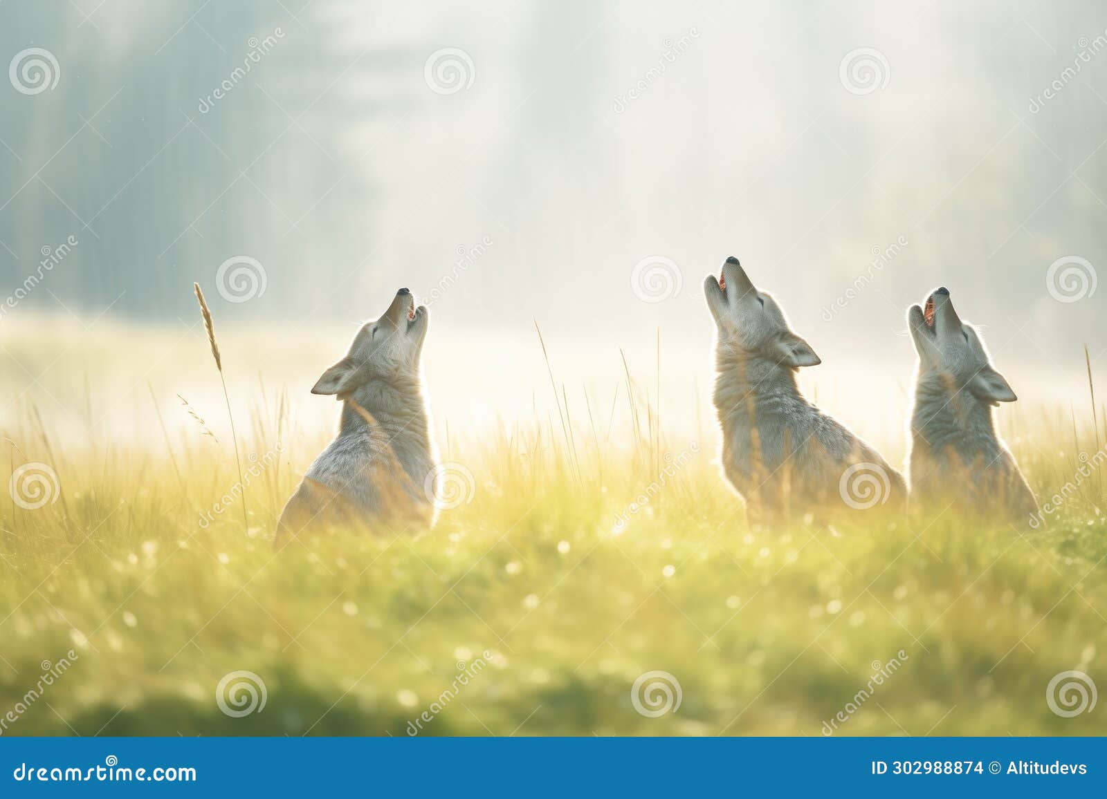 Three Wolves Howling on a Misty Meadow Stock Illustration ...
