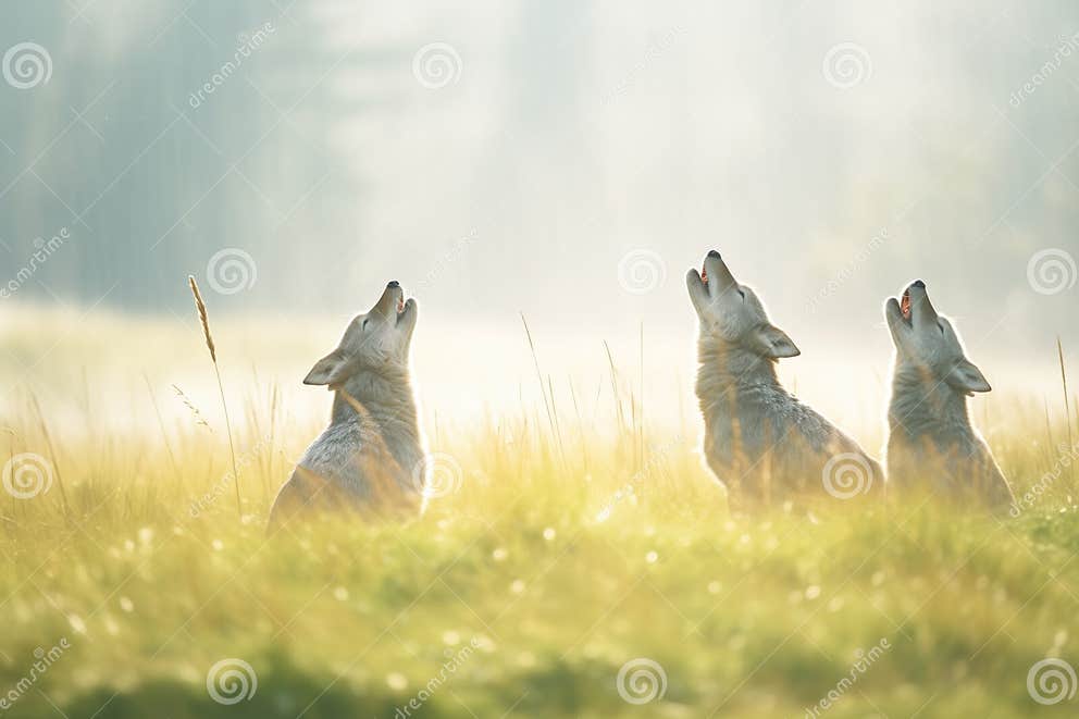 Three Wolves Howling on a Misty Meadow Stock Illustration ...
