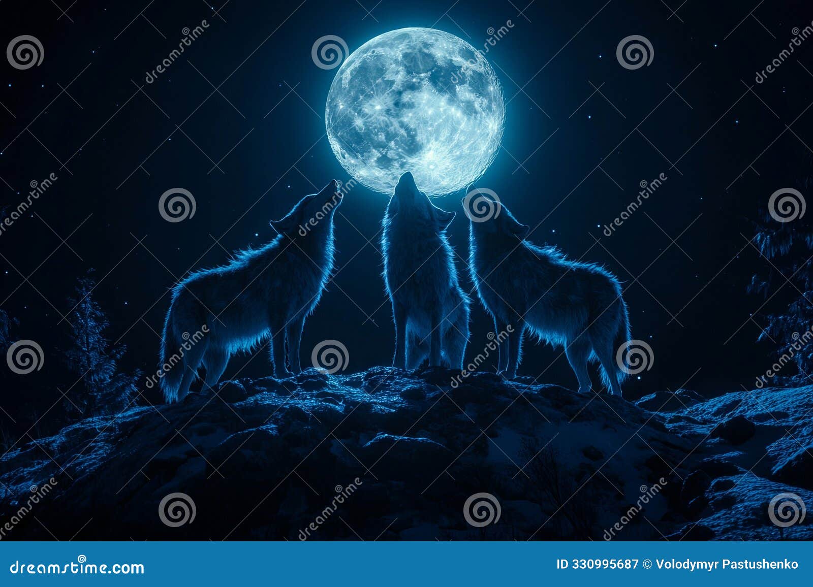 Three Wolves Howling at the Moon Stock Image - Image of rocky, open ...