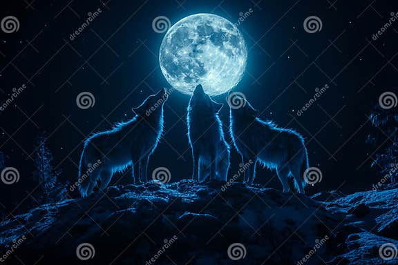 Three Wolves Howling at the Moon Stock Image - Image of rocky, open ...