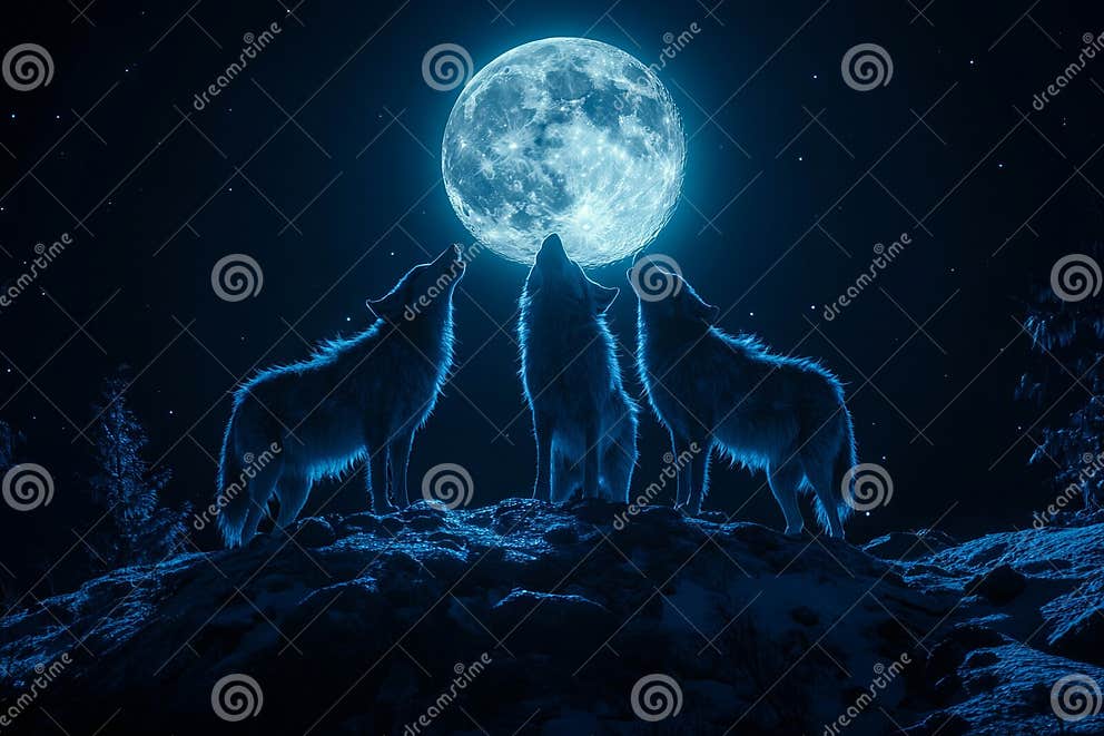Three Wolves Howling at the Moon Stock Image - Image of rocky, open ...