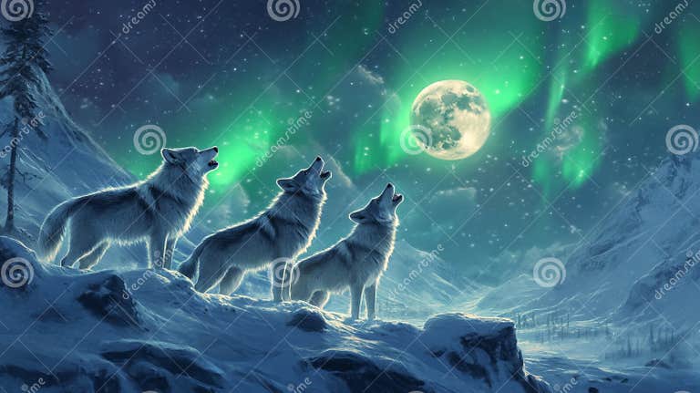 Three Wolves Howling at the Moon Under a Green Aurora Borealis Stock ...