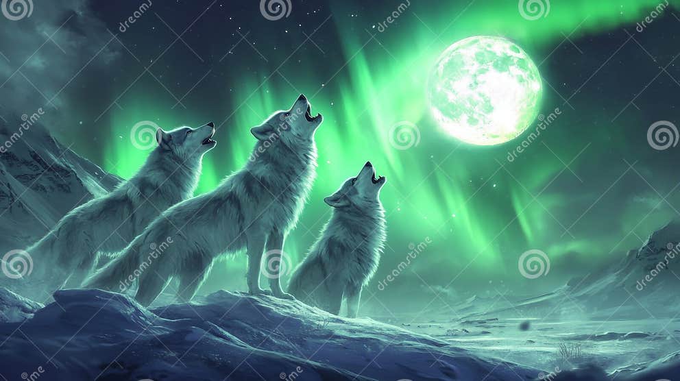 Three Wolves Howling at the Northern Lights and a Full Moon Stock ...