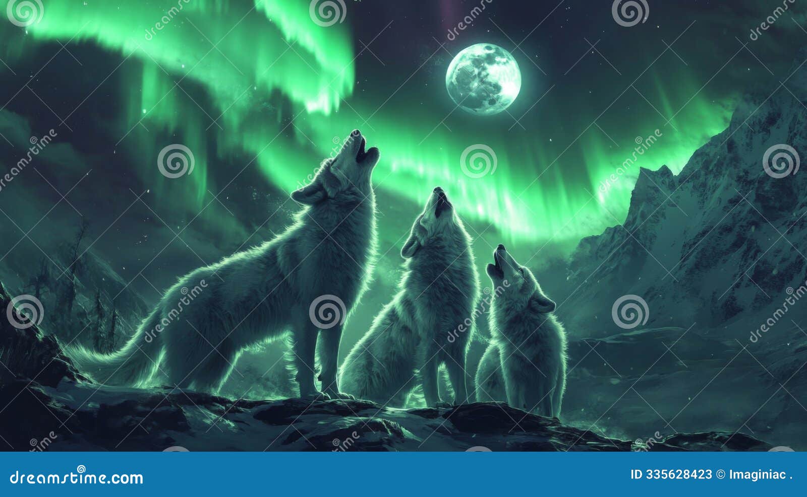 Three Wolves Howling Under the Northern Lights and a Full Moon Stock ...