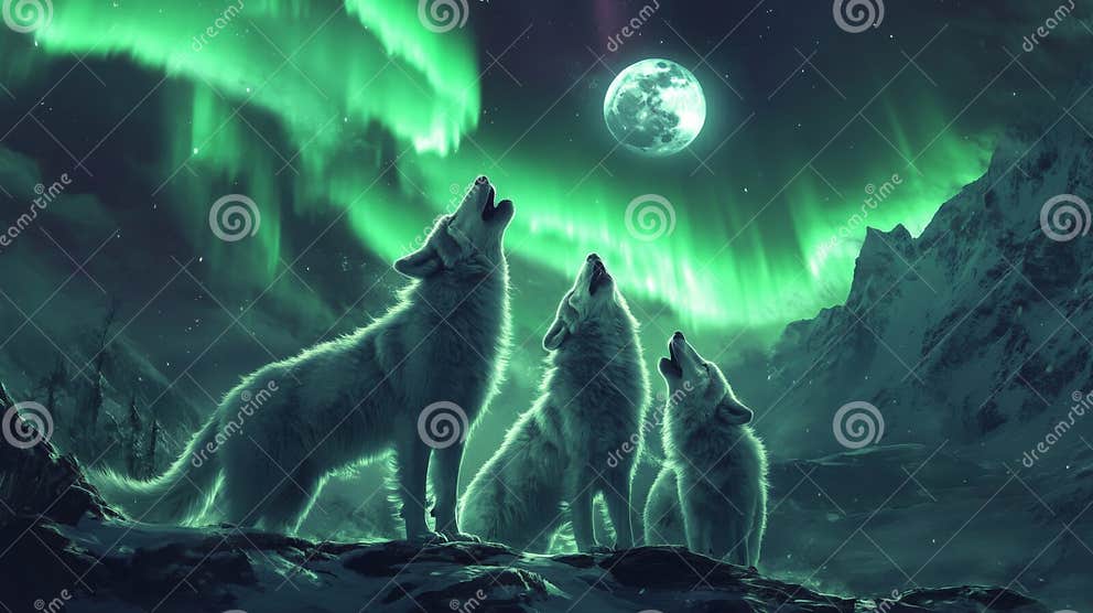 Three Wolves Howling Under the Northern Lights and a Full Moon Stock ...