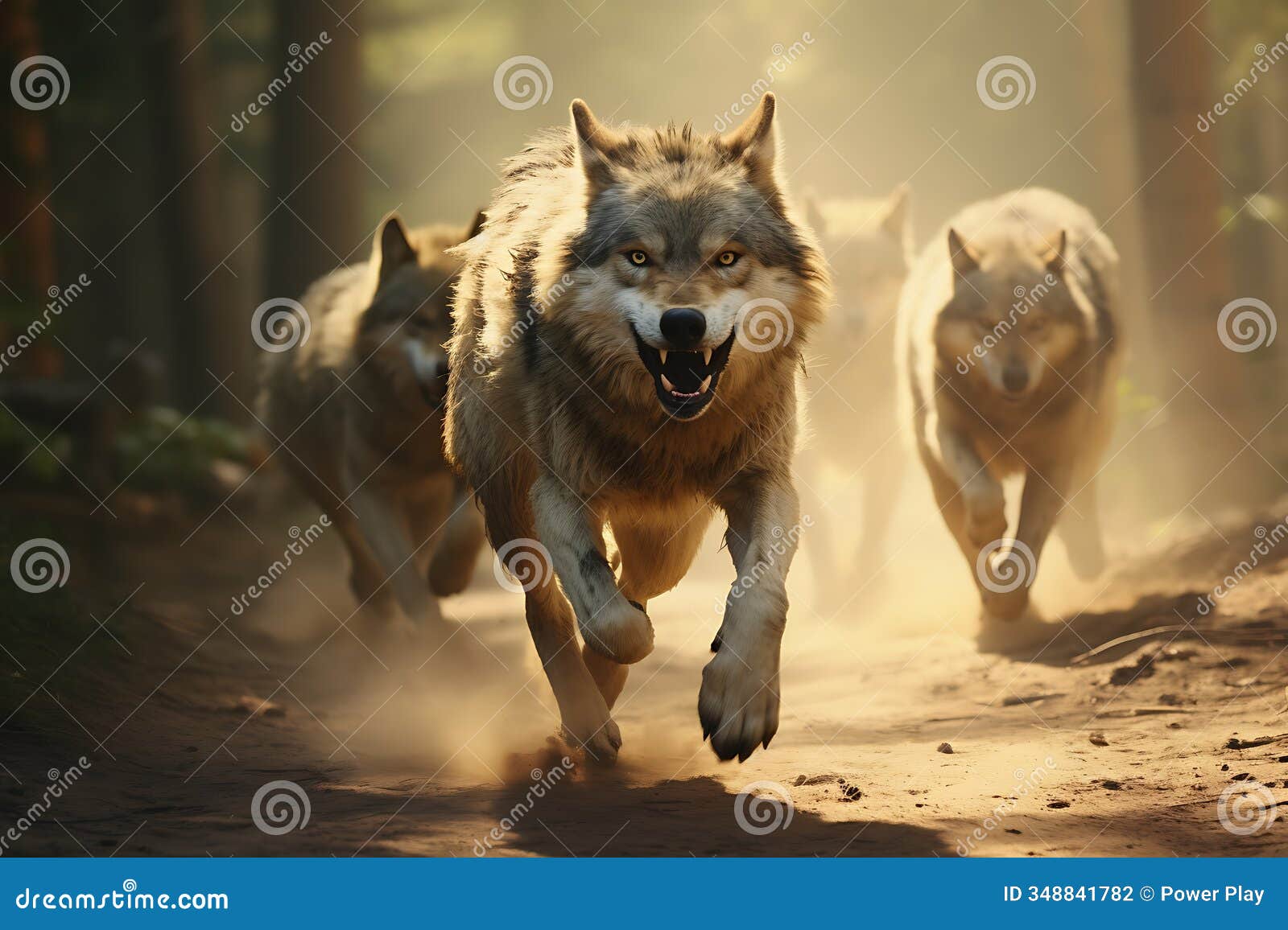 Three Wolves Running in the Forest at Sunset. Concept of Wild Animals ...