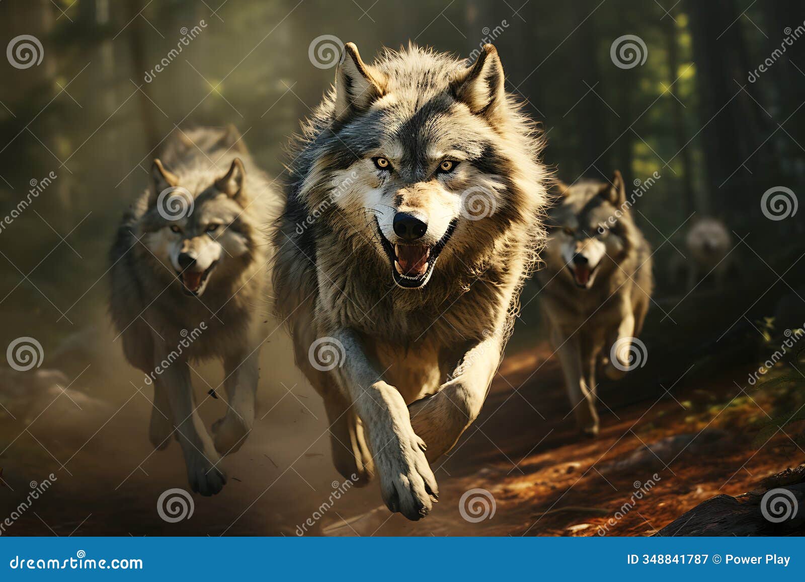 Three Wolves Running in the Forest at Sunset. Concept of Wild Animals ...