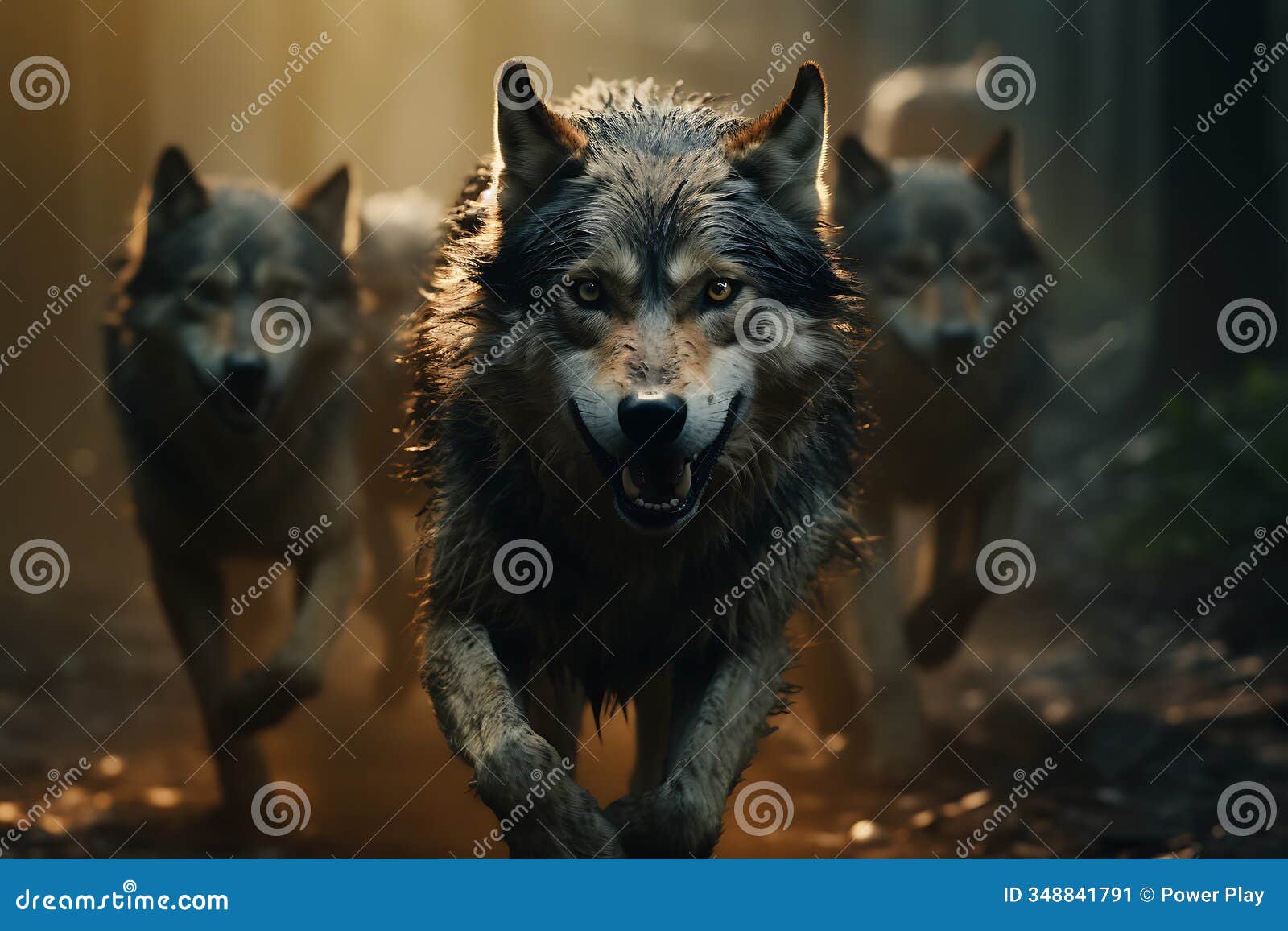 Three Wolves Running in the Forest at Sunset. Concept of Wild Animals ...