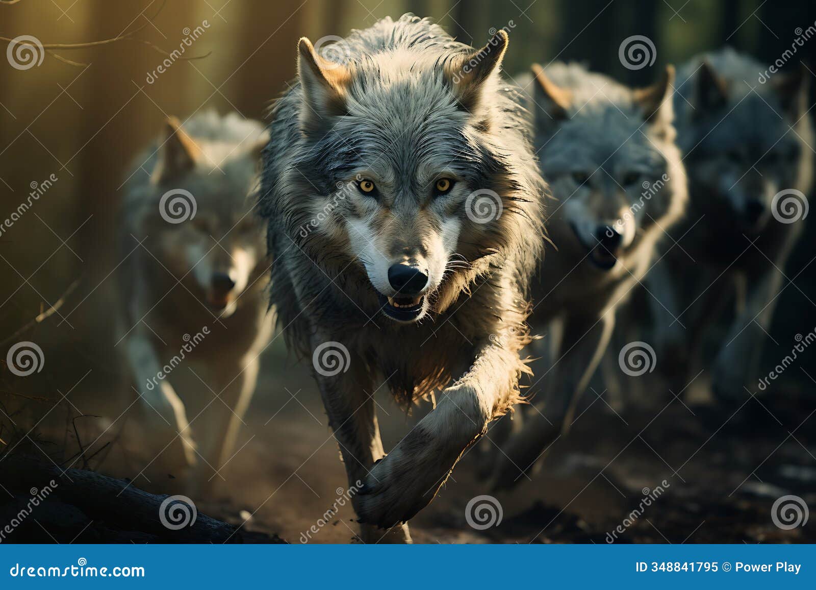 Three Wolves Running in the Forest at Sunset. Concept of Wild Animals ...
