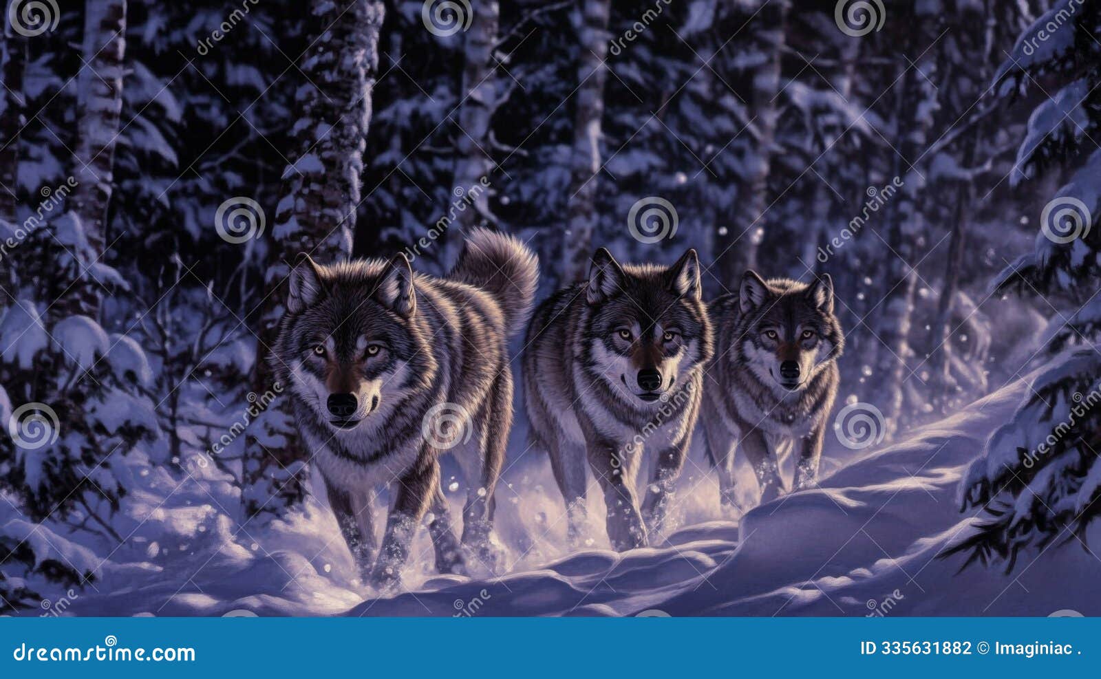 Three Wolves Running through a Snowy Forest at Dusk Stock Illustration ...