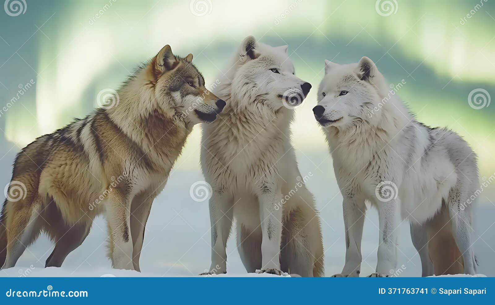 Two Wolves Stand Side By Side Before A Green Evening Sky A Full Moon ...