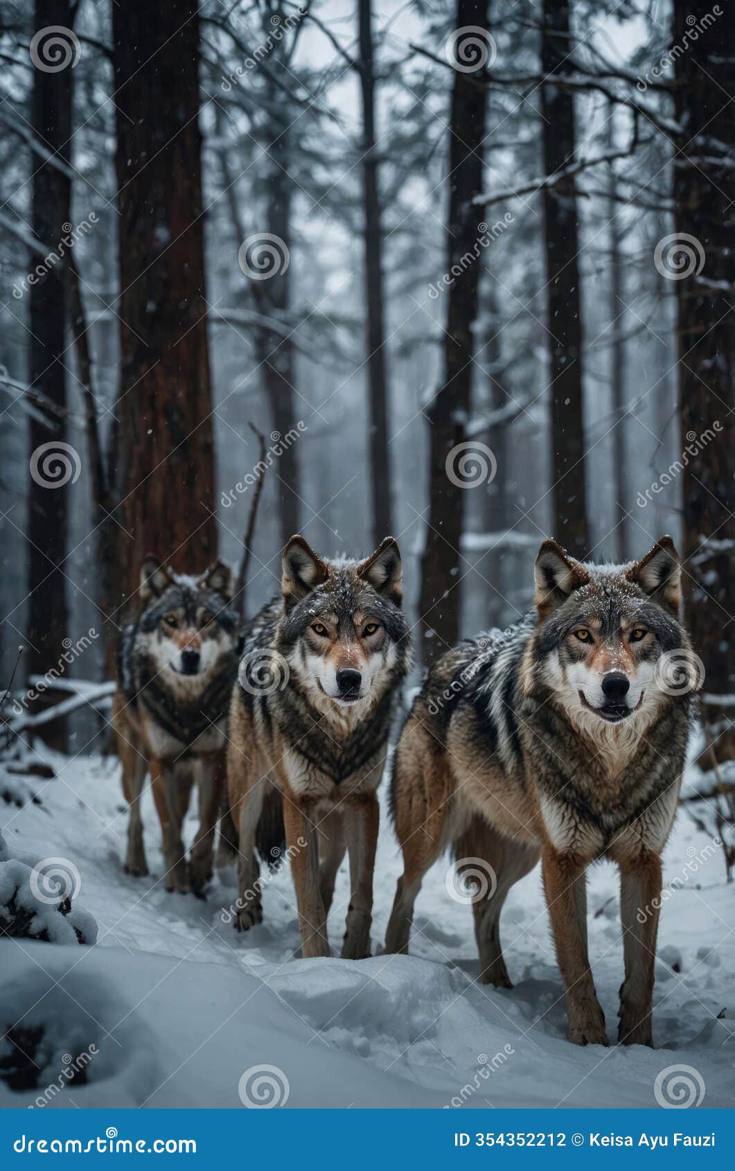 Three Wolves Walking through a Snowy Forest, Surrounded by Tall Trees ...