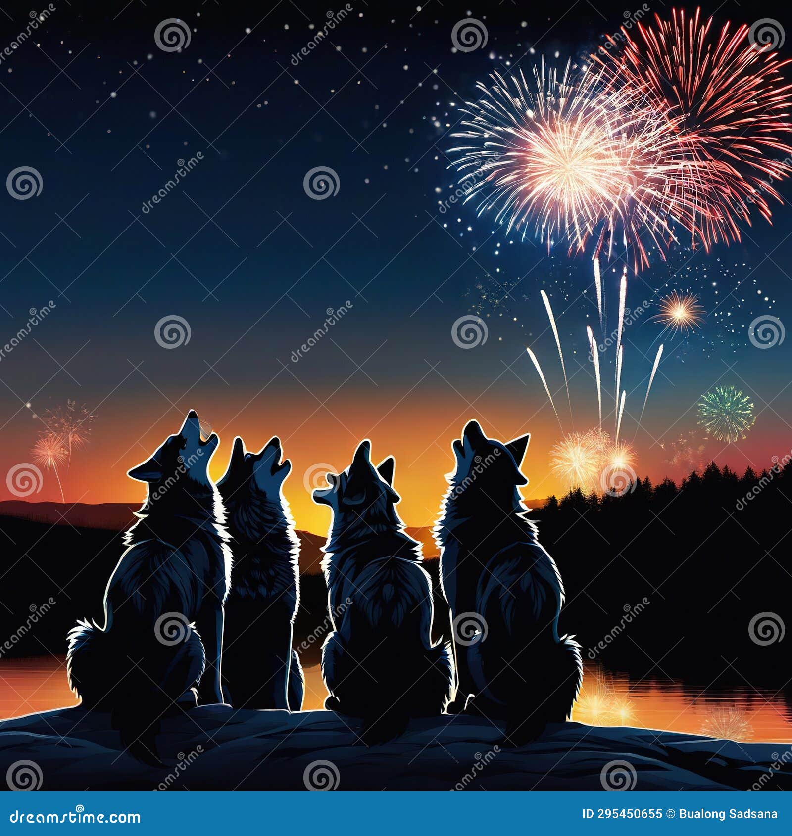Three Wolves Watching a Beautiful Display of Fireworks in the Dark Sky ...