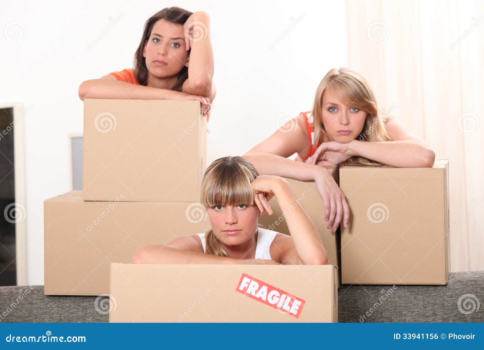 Three Woman with Cardboard Boxes Stock Photo - Image of moving, removal ...