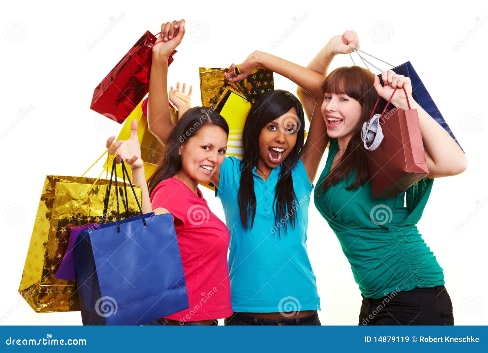 Three Woman Cheering while Shopping Stock Image - Image of copy, shot ...