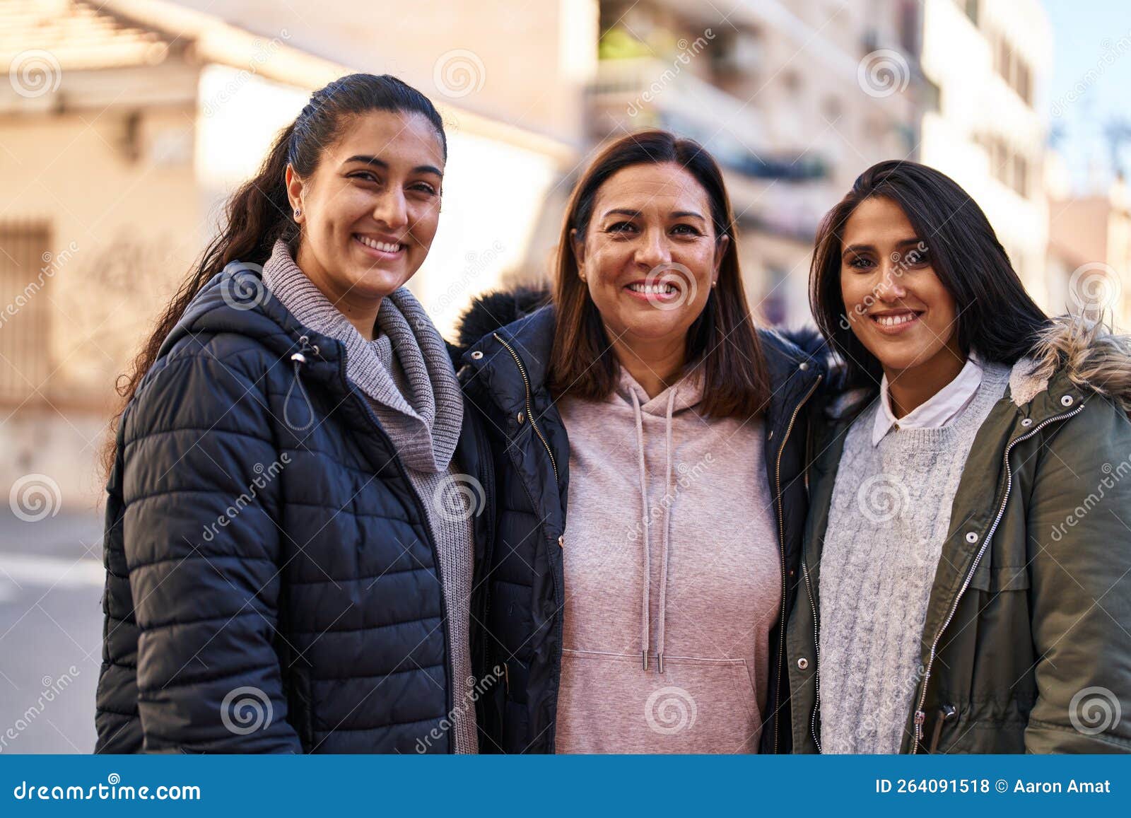 Three Woman Mother And Daughters Standing Together At Street Stock