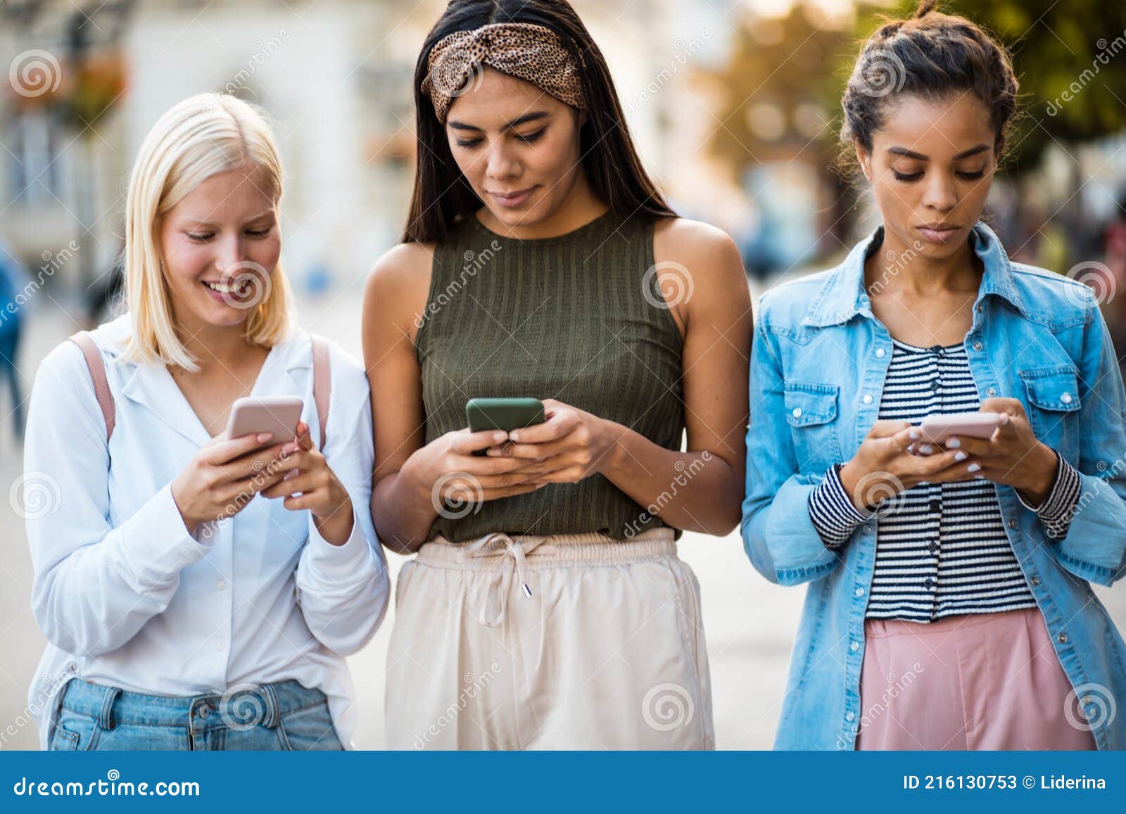 Women on the Street Using Mobile Phone Stock Image - Image of cheerful ...