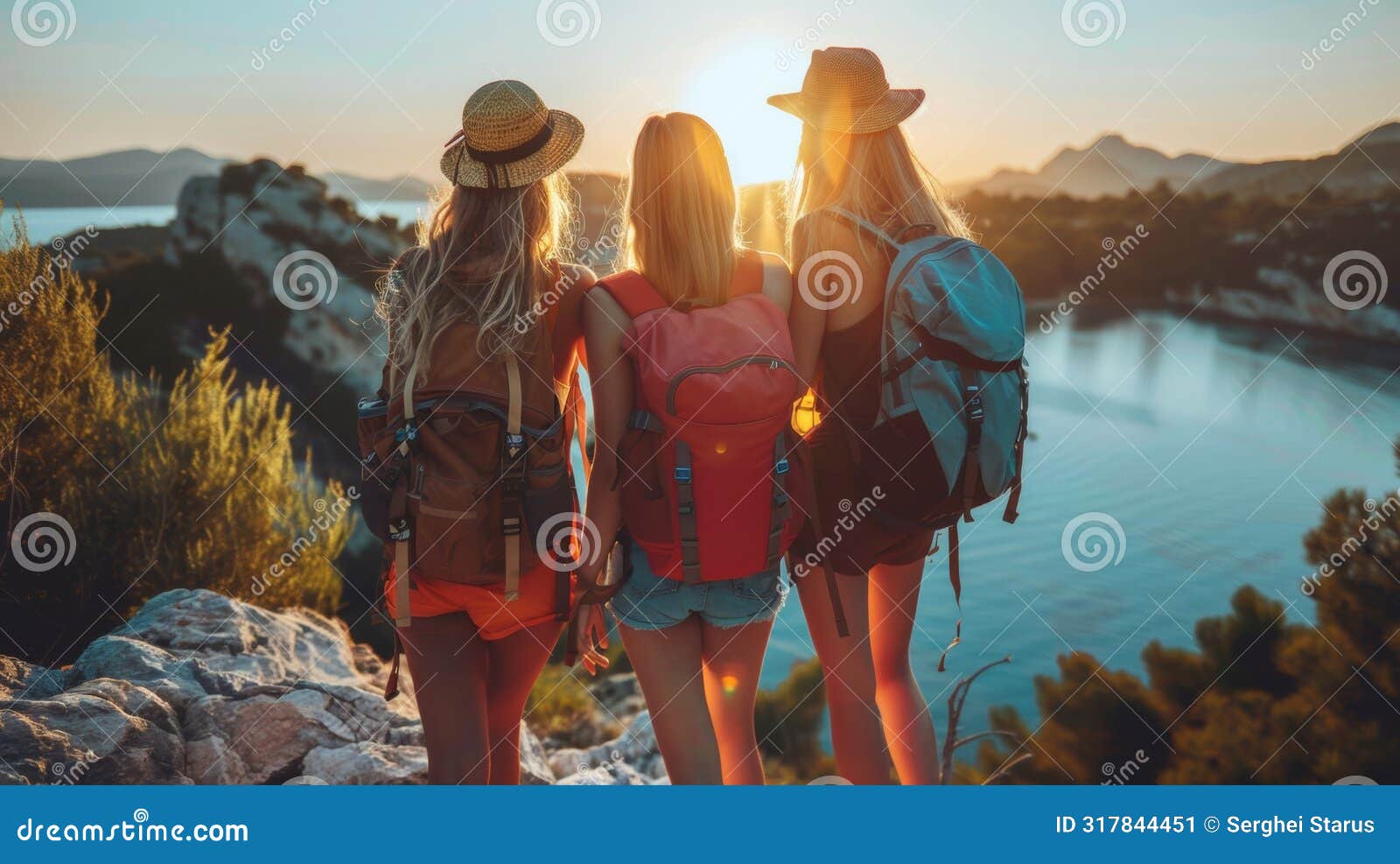 Three Women with Backpacks Standing on a Hill Overlooking Water, AI ...