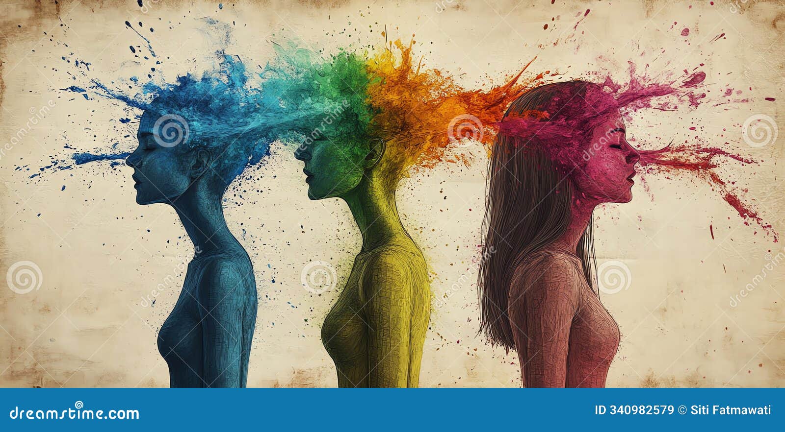Three Women with Colorful Paint Exploding from Their Heads Stock ...