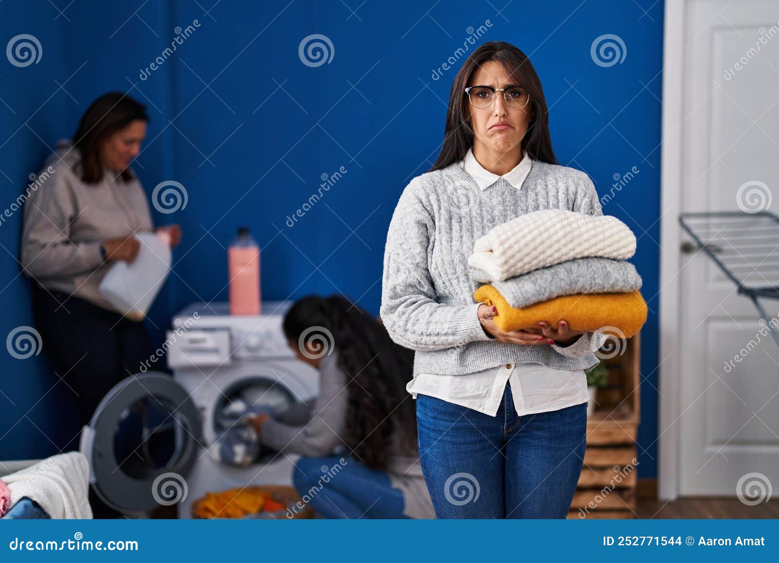 Three Women Doing Laundry at Home Depressed and Worry for Distress ...