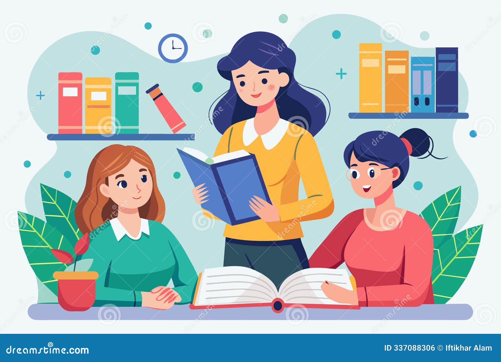 Three Women Engage in Collaborative Learning with Books in a Cheerful ...